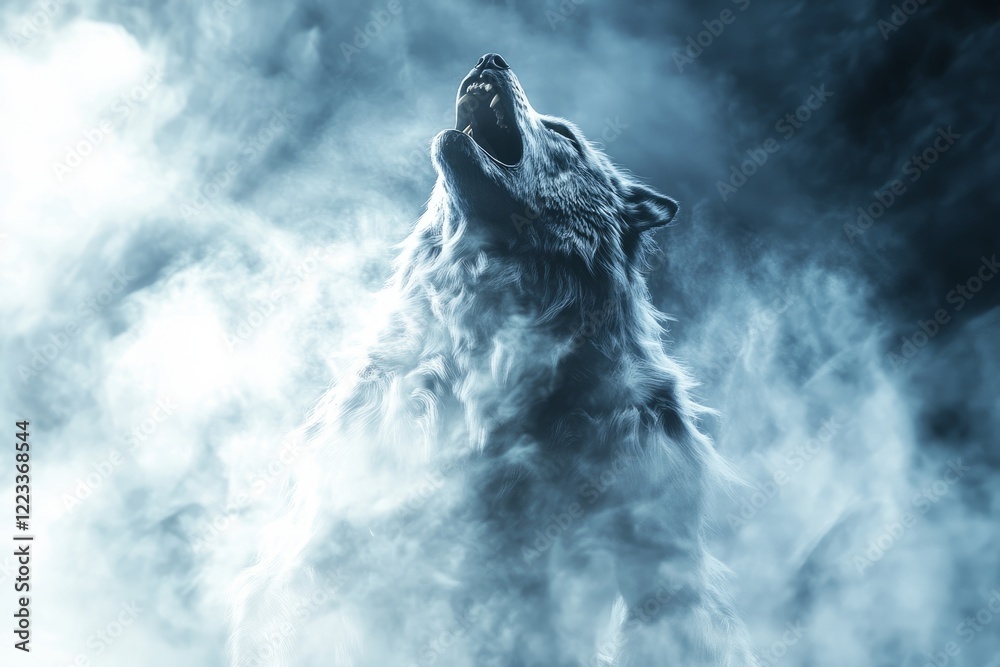 A werewolf stands on its hind legs, howling into the night sky as dense ...