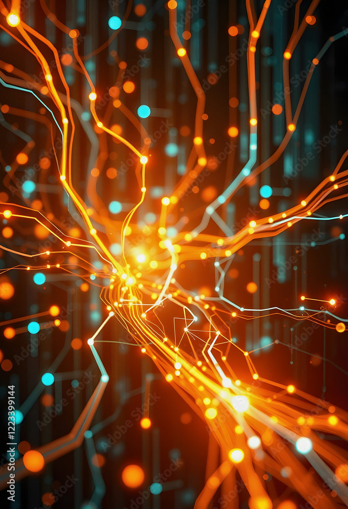Abstract tech background with illuminated fiber optic connections, quantum computing network ...