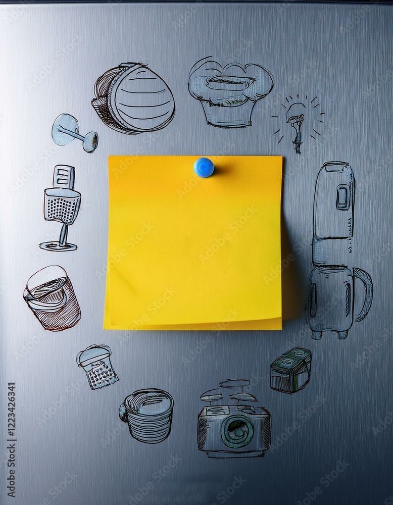 Un post it en la puerta del refrigerador con otros elementos a su ...