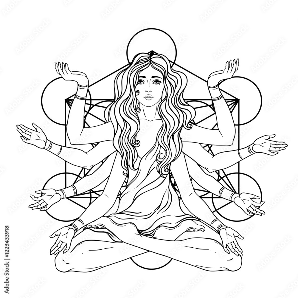 Beautiful woman with long hair and multiple hands sitting in lotus yoga ...