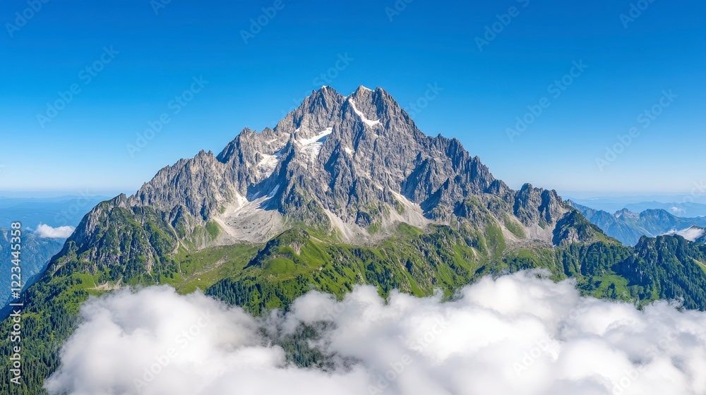 Majestic Snow-Capped Mountain Peak Soaring Above Clouds on a Sunny Day Stock Photo | Adobe Stock