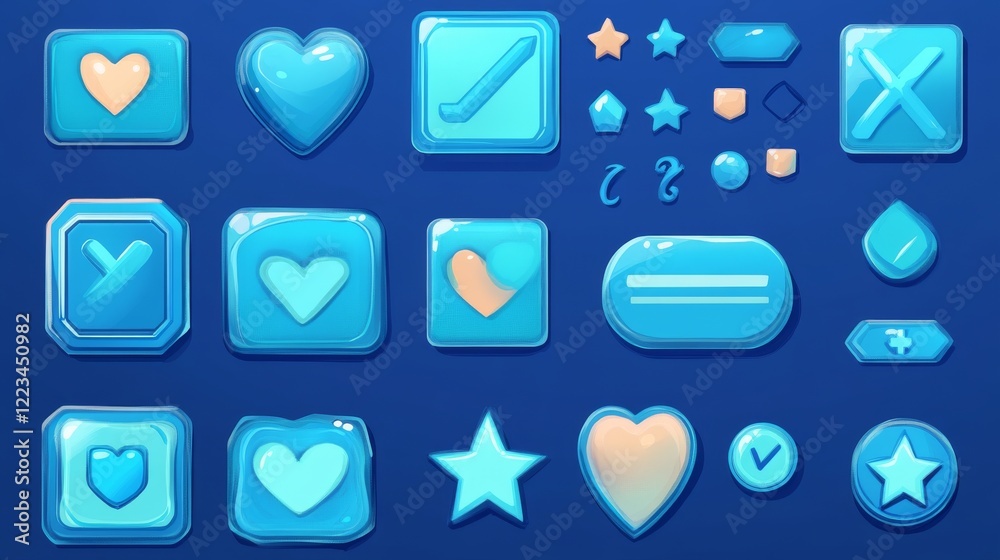 Glossy blue buttons and frames for ui game interface. Vector cartoon set of gui elements, square ...
