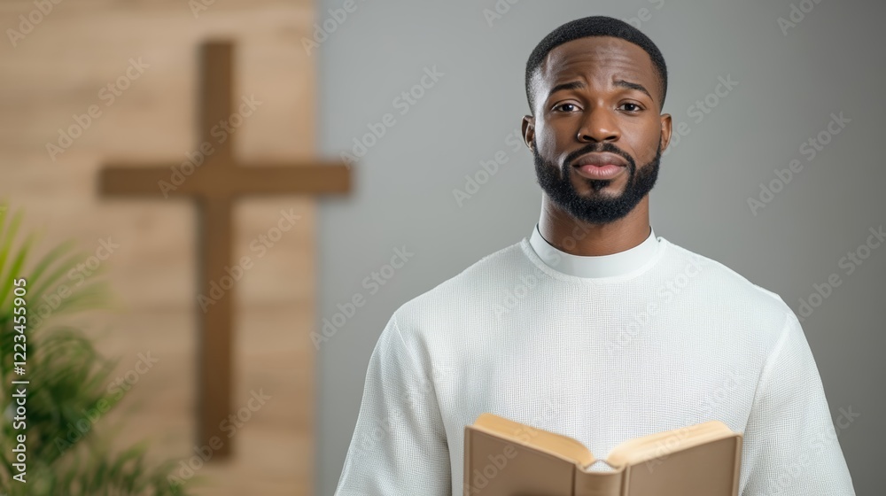 Elegant Black pastor in a white robe passionately preaching from a ...