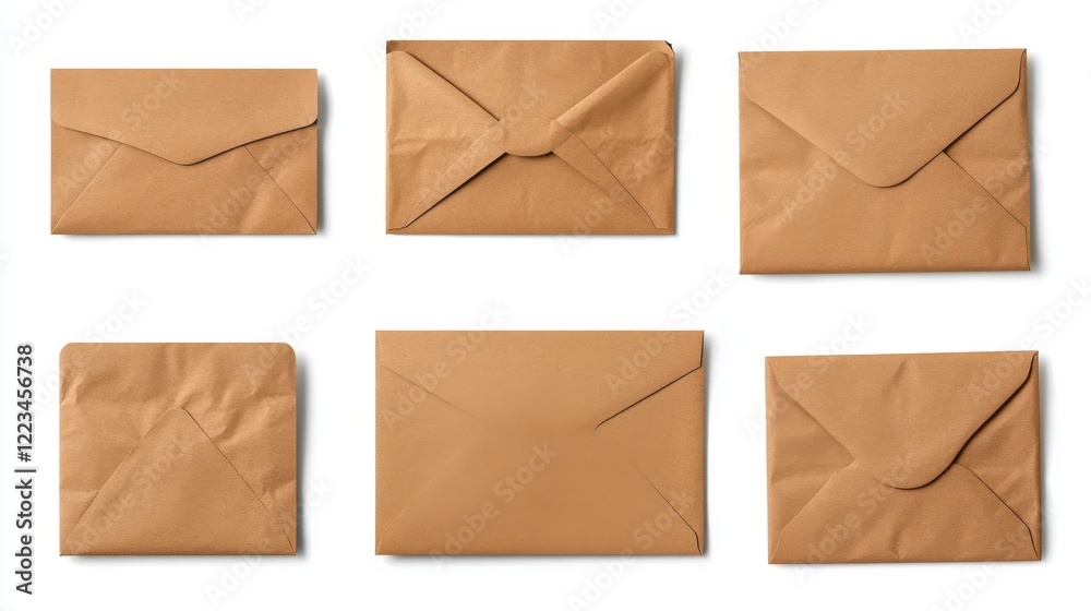Brown rectangular closed and open envelopes laying and flying on white ...