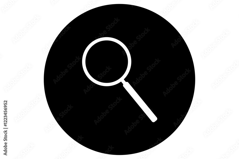 White search button scan icon on black round circle magnifying glass ...