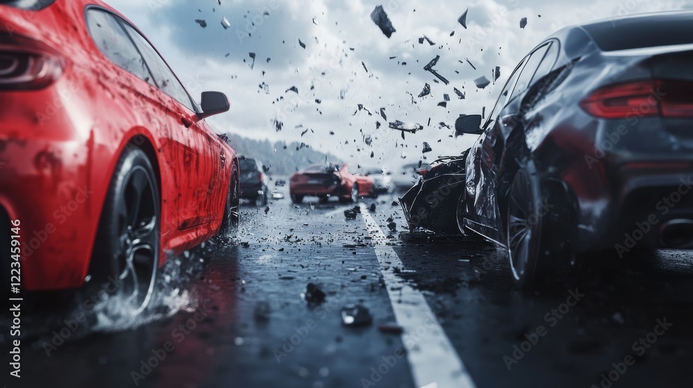 Road accidents with car crash. Broken vehicles turned on side, hitting ...