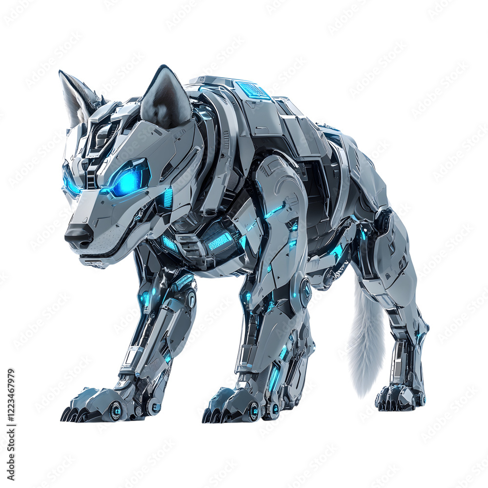 Robotic Wolf with Metallic Fur and Glowing Blue Eyes Isolated on ...