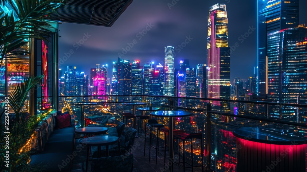 Modern night city view from top of roof. Cartoon vector illustration of ...