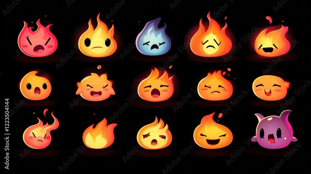 Fire characters set isolated on black background. Vector cartoon ...