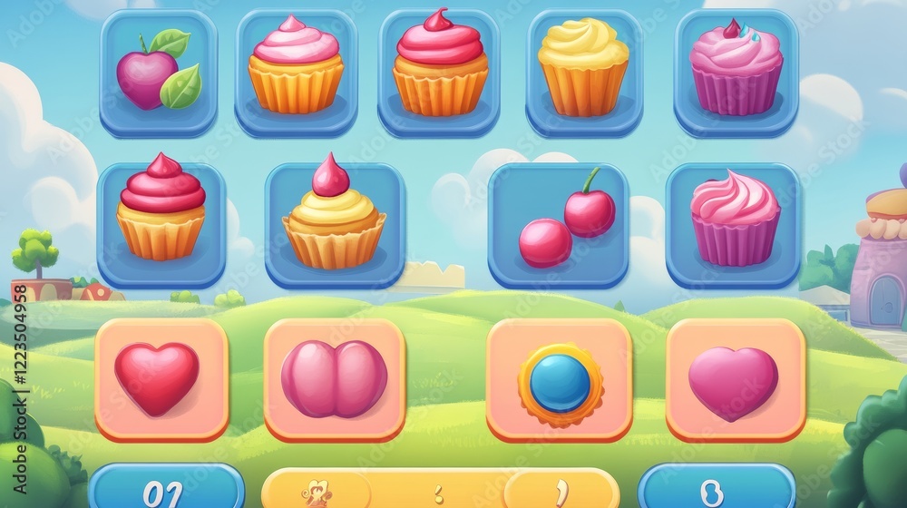 Match 3 game interface with cute cakes icons, buttons and assets. Vector cartoon illustration of ...