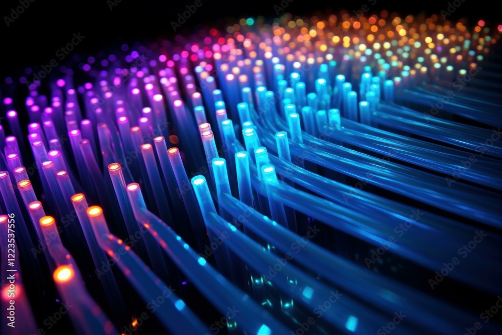 Fiber optic cables transmitting data, glowing in a spectrum of vibrant ...