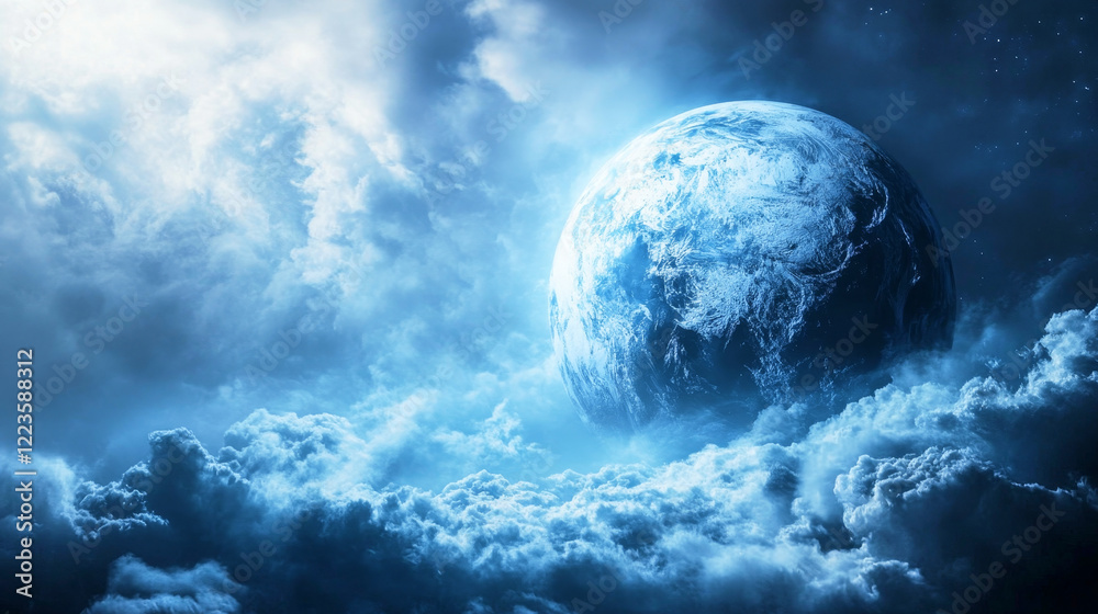 Frozen Earth shrouded in dark clouds and heavy snowstorms during a ...