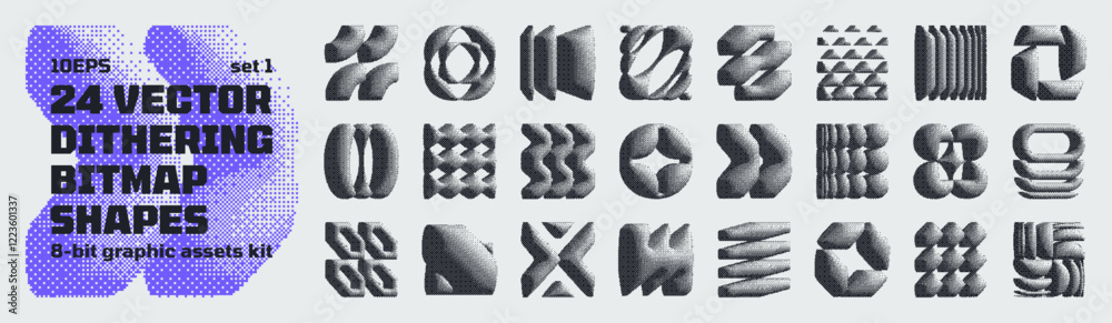 Dithering bitmap high-quality shapes, abstract geometric graphic assets kit inspiration by retro ...