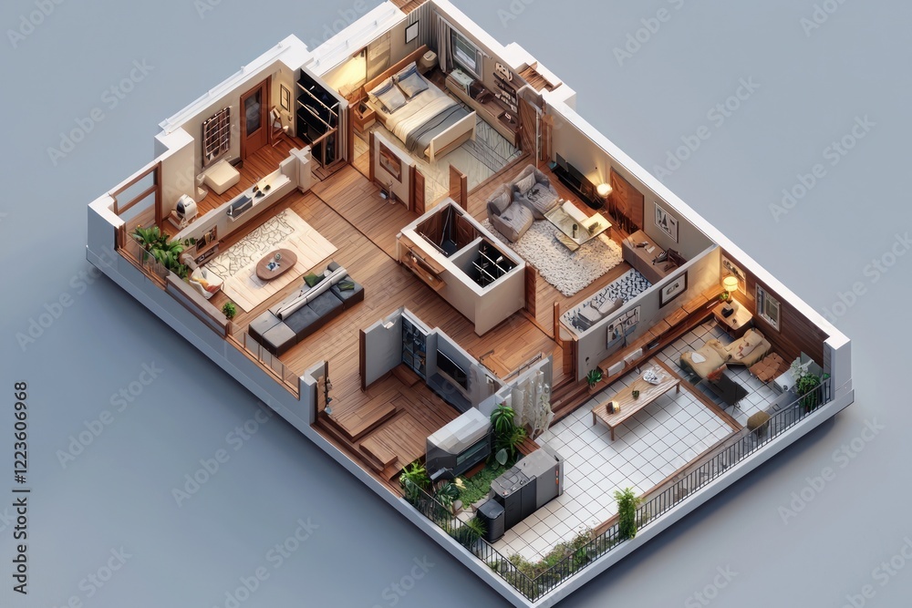 Isometric 3D render of a 4-bedroom duplex apartment with a detailed 2D ...