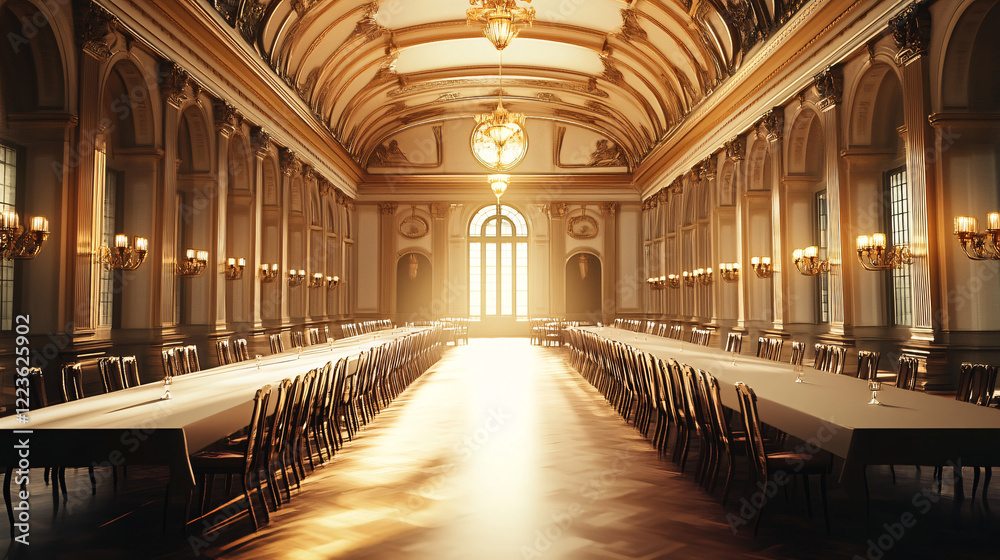 an elegant ballroom featuring arched windows, long dining tables, and ...