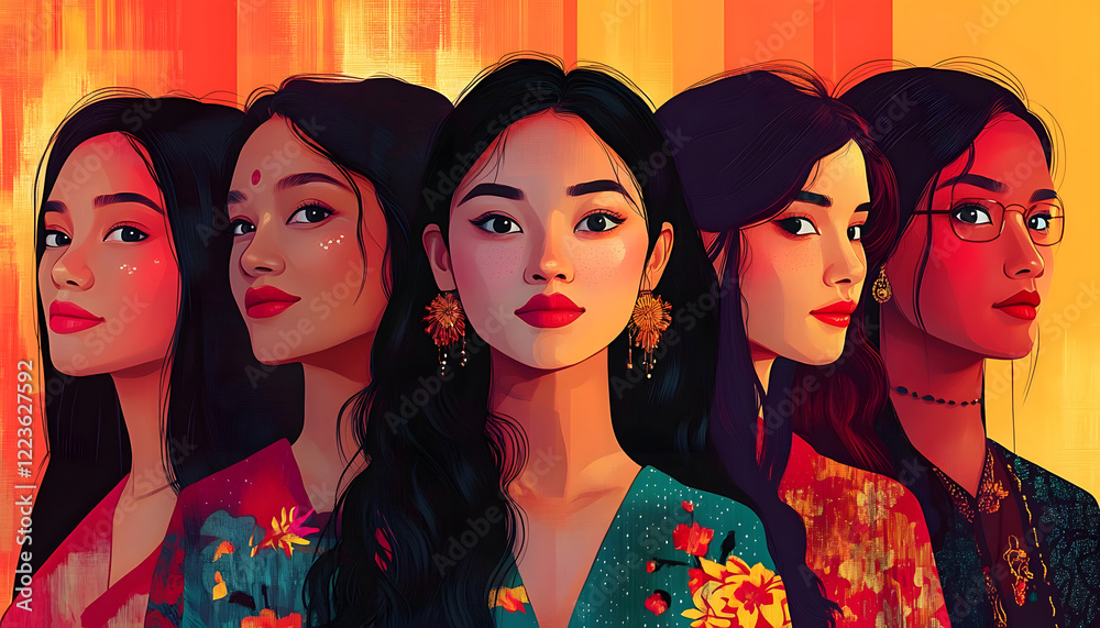 Diverse Asian American Pacific Islander women. Group portrait banner ...