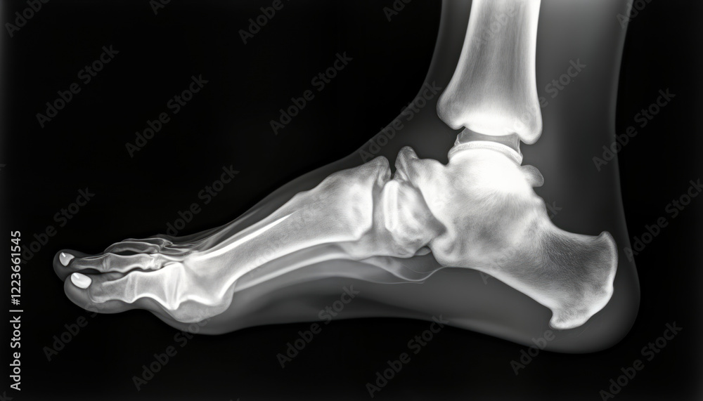 Detailed x-ray image displays human foot bones, joints. Clear anatomical structure shows bones ...