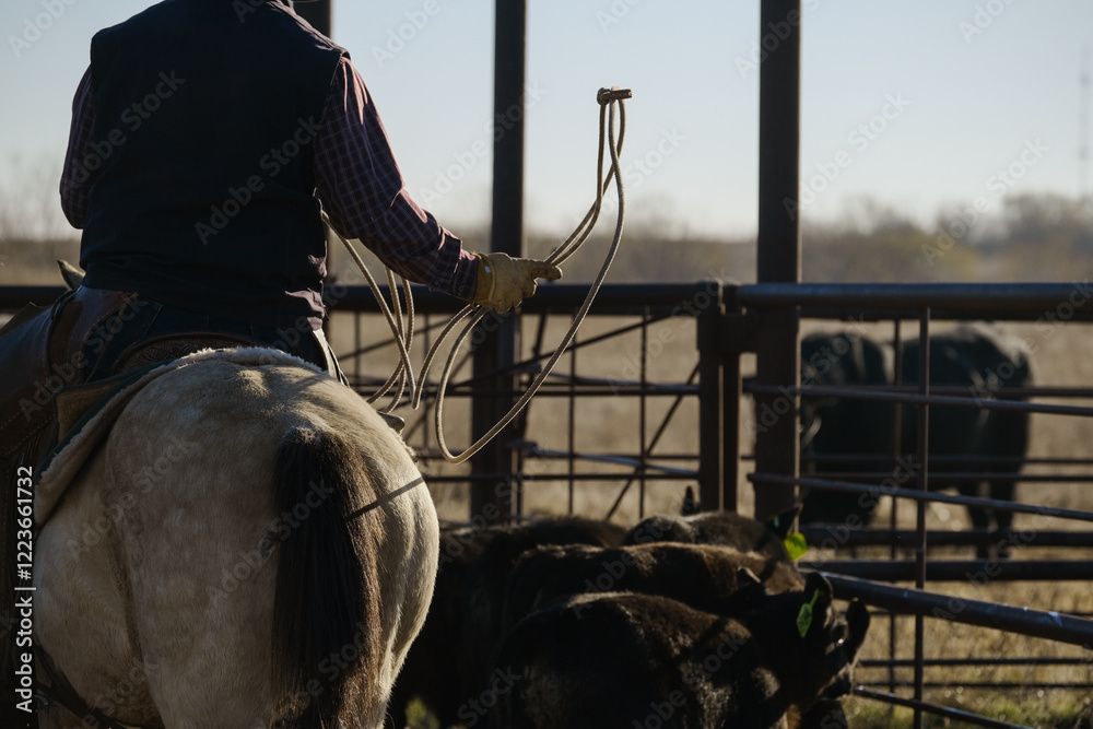 Cowboy roping in branding pen on cattle ranch for western industry in ...