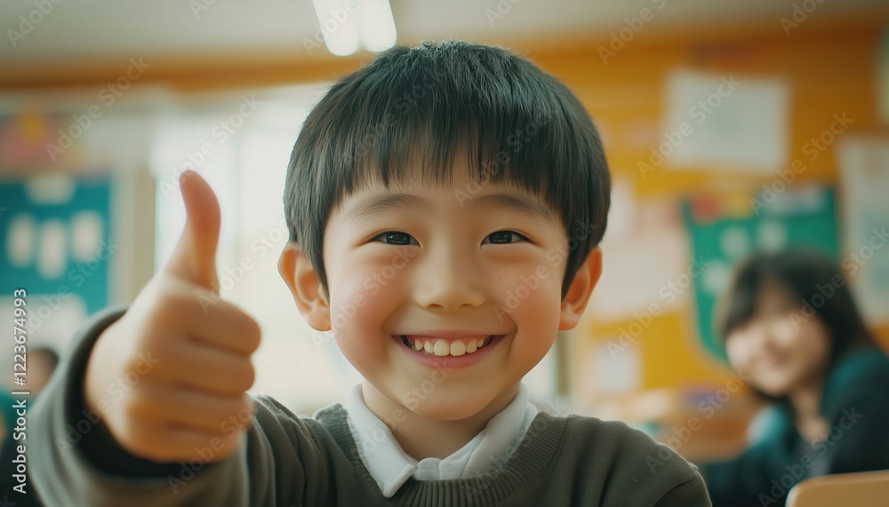 Asian Elementary School Student Posing For A Portrait And Giving A Thumbs Up Gesture, Captured ...