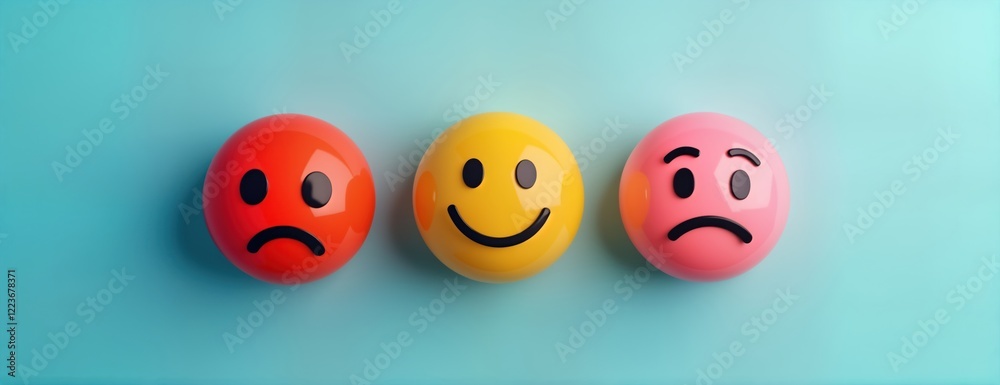 Three different emoji faces sad neutral happy on light blue background ...