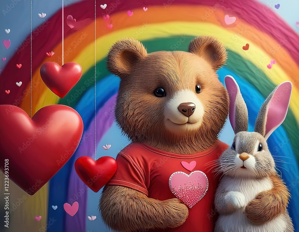 dia del amor, al centro un oso con polera, un conejo, tomandos de la ...
