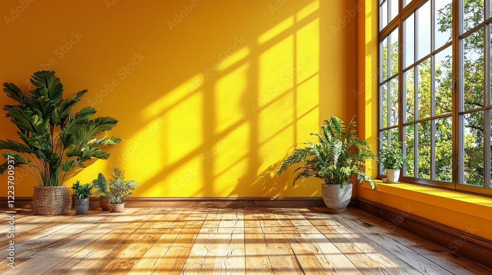 Yellow virtual background of an empty room with a window, ideal for ...