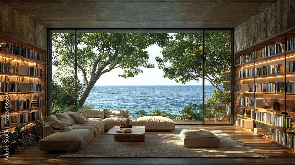 Ocean bookshelf background interior retirement home office library ...