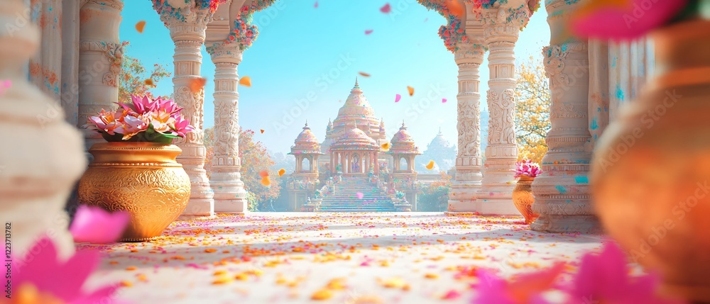 Indian Frame with Holi Colors, gold Patterns, Pots and Lotus Flowers in ...