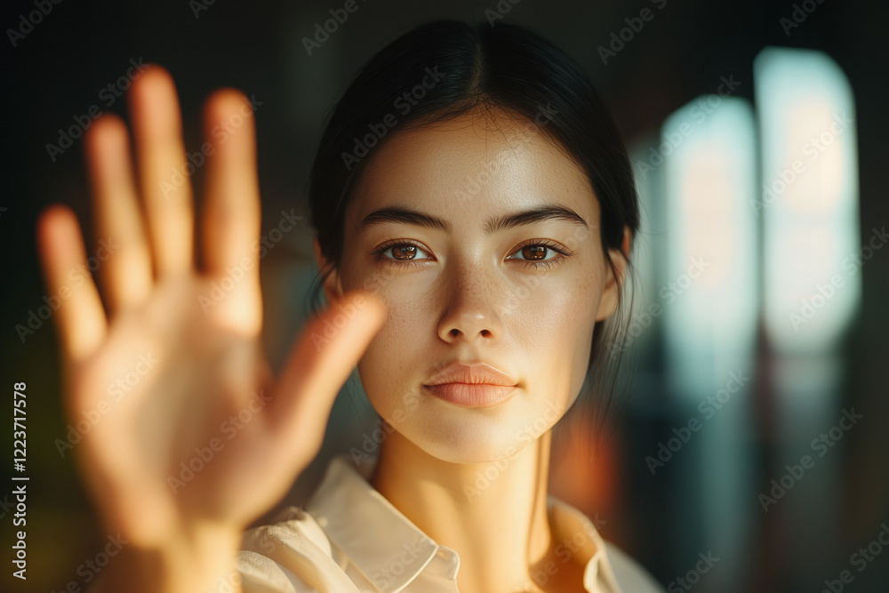 Professional woman holding her palm outward in a Stop gesture ...