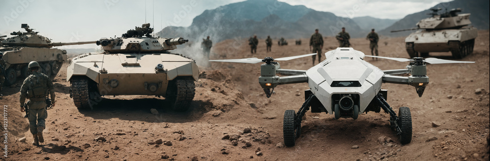 Military drone launch with rotor blades over tanks and soldiers in ...