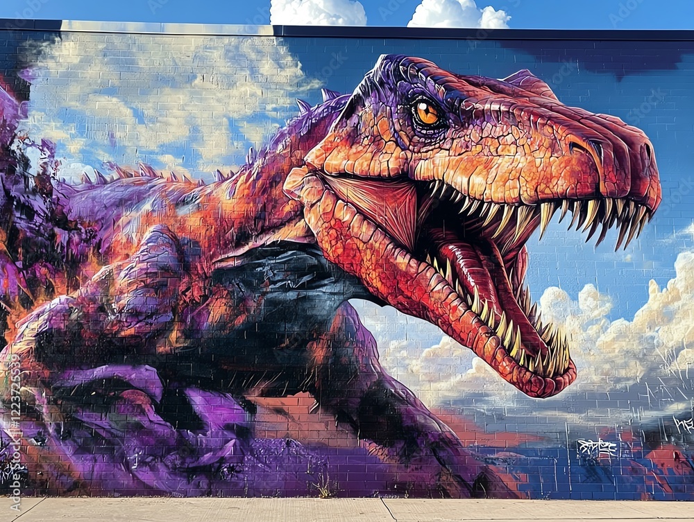 Vibrant mural depicting a majestic Tyrannosaurus Rex, roaring against a ...