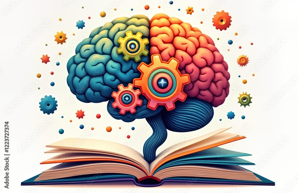 Colorful brain symbol floats above open book. Gears interlock with brain. Education concept ...
