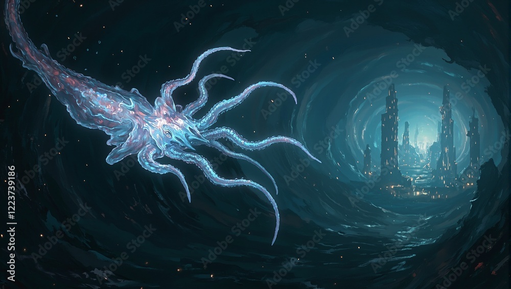 Majestic alien creature with glowing tentacles exploring eerie ...