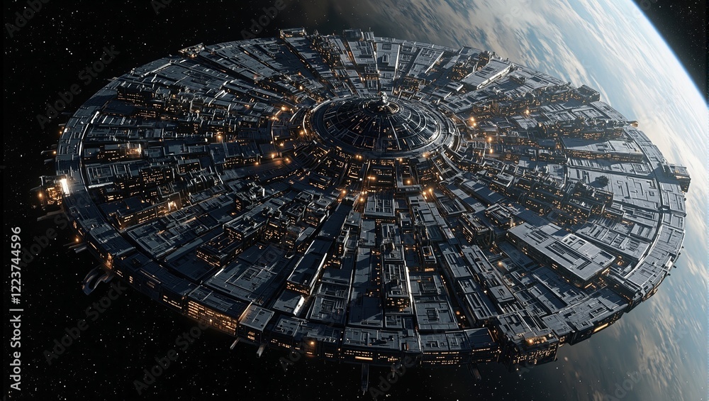 Massive spaceship orbiting gas giant with detailed surface artificial ...