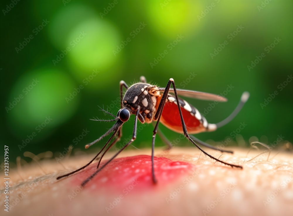 Closeup of mosquito biting human skin. Red itchy bite mark visible on ...