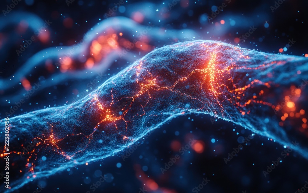 Hyper-realistic 3D rendering of bioluminescent synapse with neurons ...