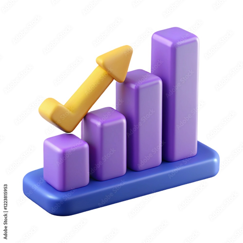 3D Bar Chart with arrow rising icon on isolated purple background ...
