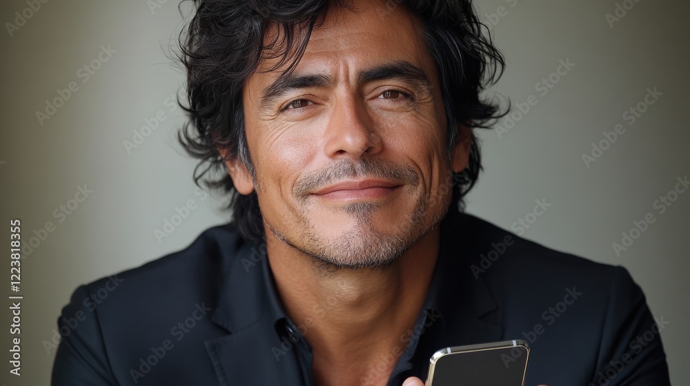 Confident man holding smartphone, smiling warmly, in a softly lit ...