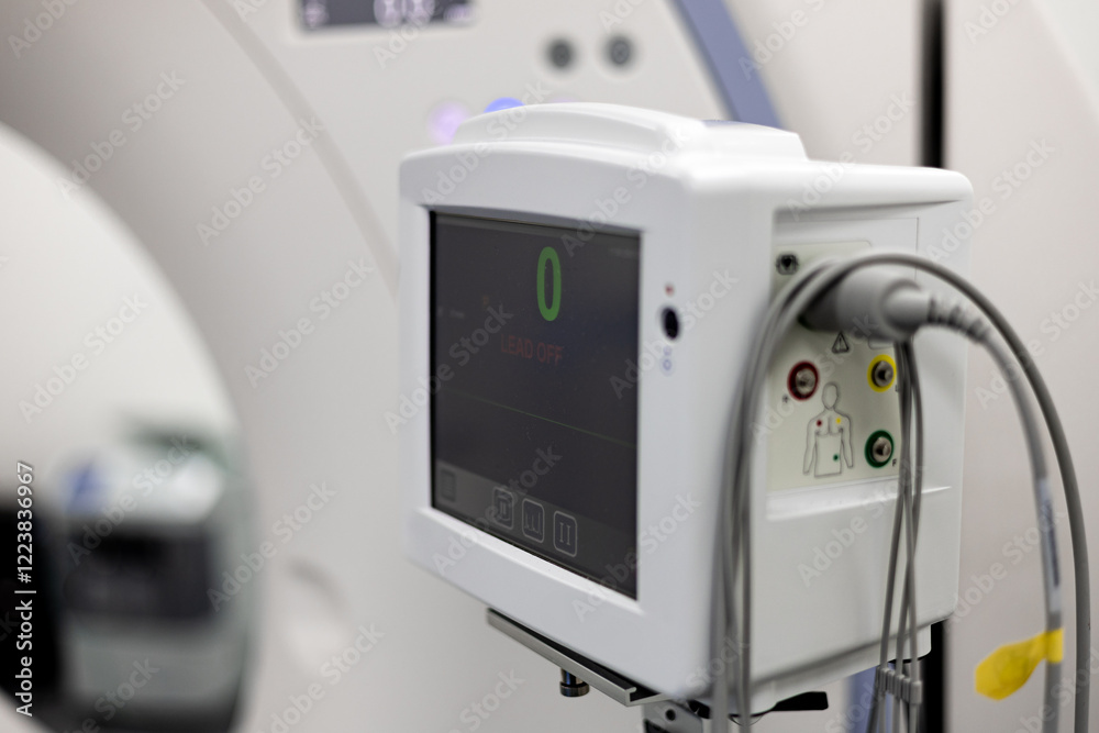 Heart rate patient monitor at CT room. A medical monitor displaying ...