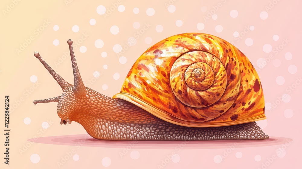 Vivid Illustration of a Detailed Snail with a Patterned Shell Crawling ...