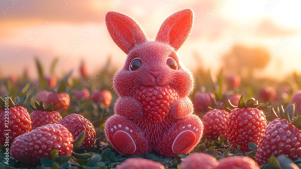 Cute and glossy strawberry coated rabbit sitting amidst a sun drenched ...