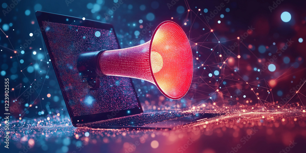 3D laptop and megaphone connected dots Promotional campaign の Stock ...