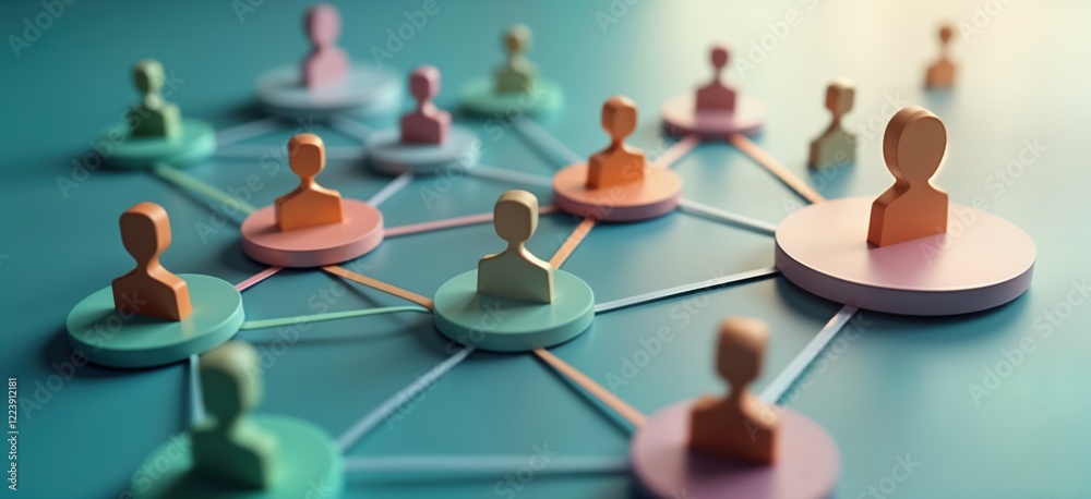 Colorful 3D people icons interconnected by lines on teal background ...