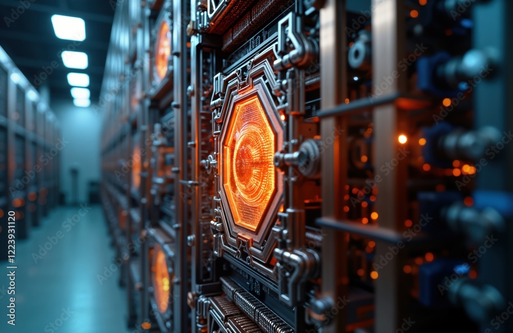 Futuristic quantum computer system in server room. Complex tech design. Orange glowing central ...