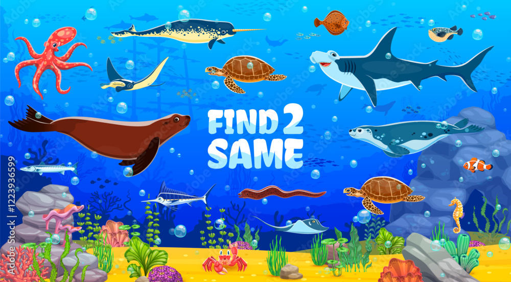 Kids game worksheet, find two same sea animals at underwater landscape ...