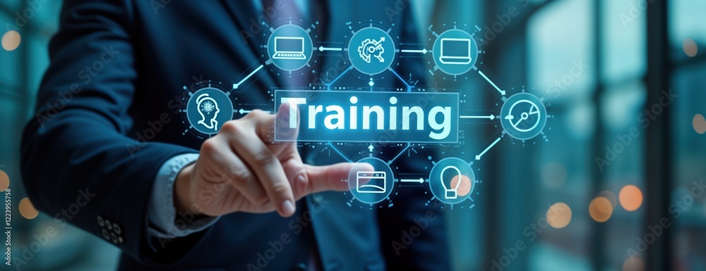 Person interacts with interactive training display. Hand touches ...