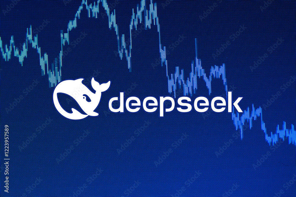 Deepseek logo on the modern digital background of a falling stock ...
