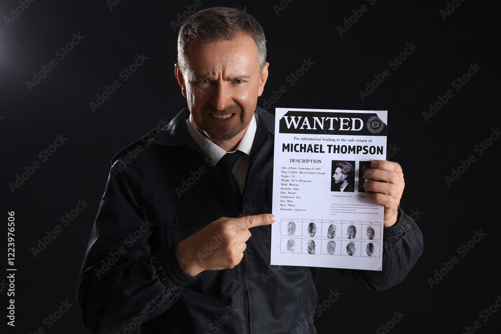 Angry mature FBI agent pointing at wanted poster on black background ...