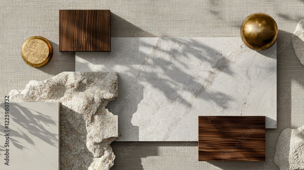 A modern luxury moodboard featuring polished Carrara marble, walnut ...