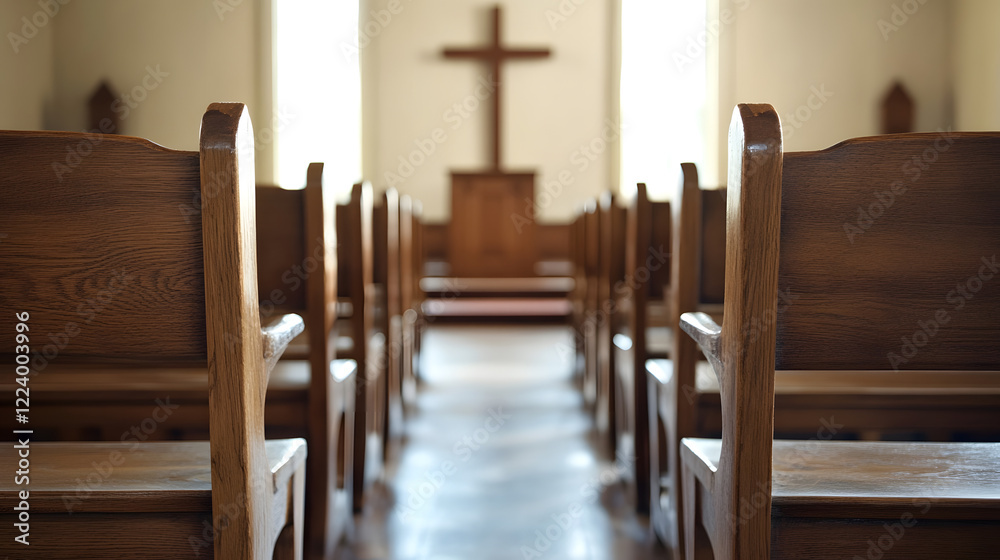 Empty Church Interior with Pews and Large Wooden Cross at the Altar ...